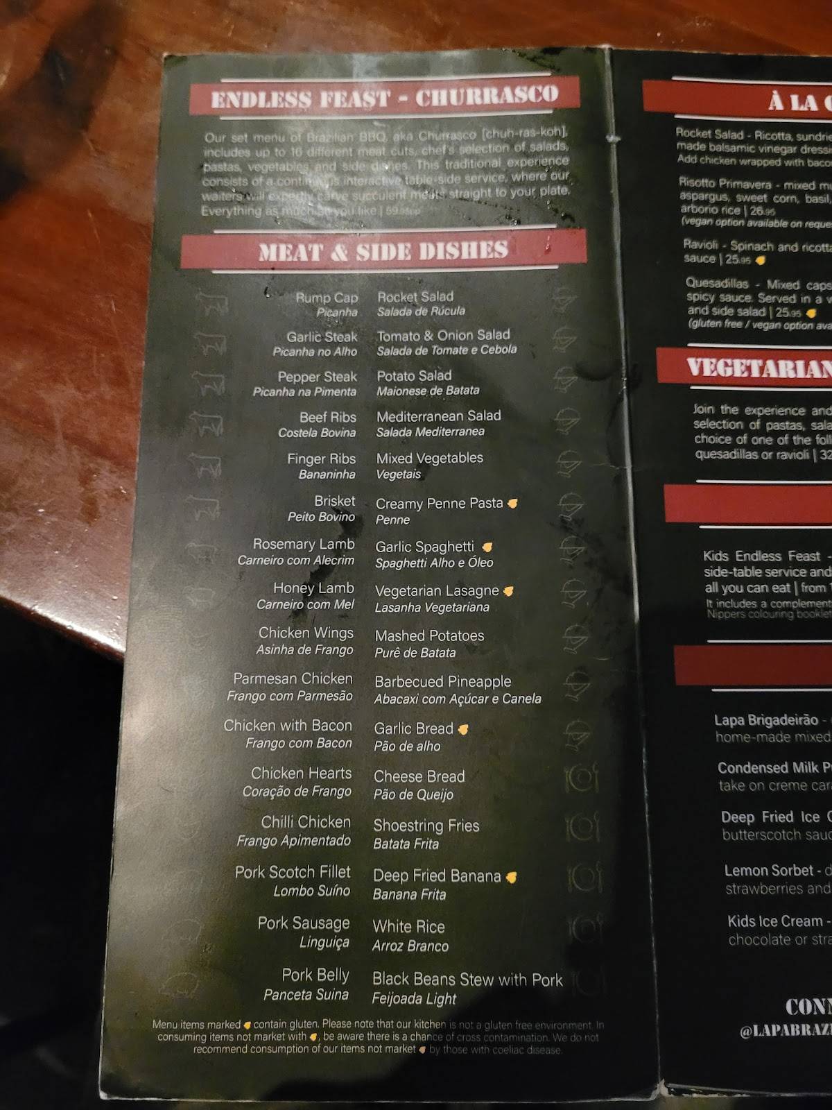 Menu at Lapa Brazilian Barbecue Subiaco, Subiaco