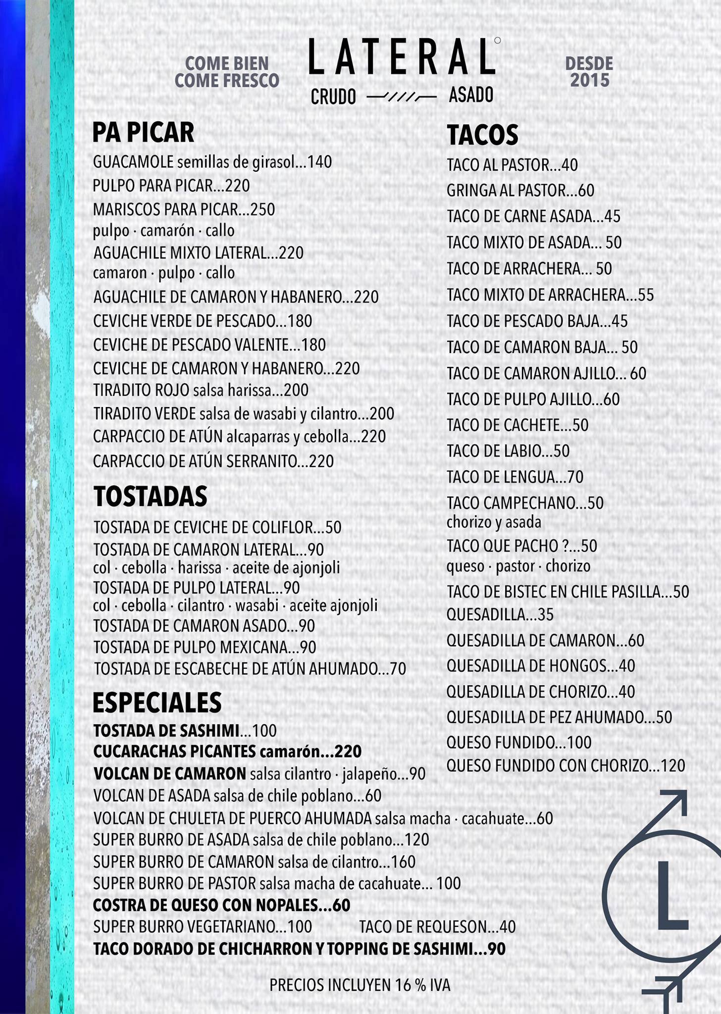 Menu at Lateral Crudo y Asado restaurant, San José del Cabo