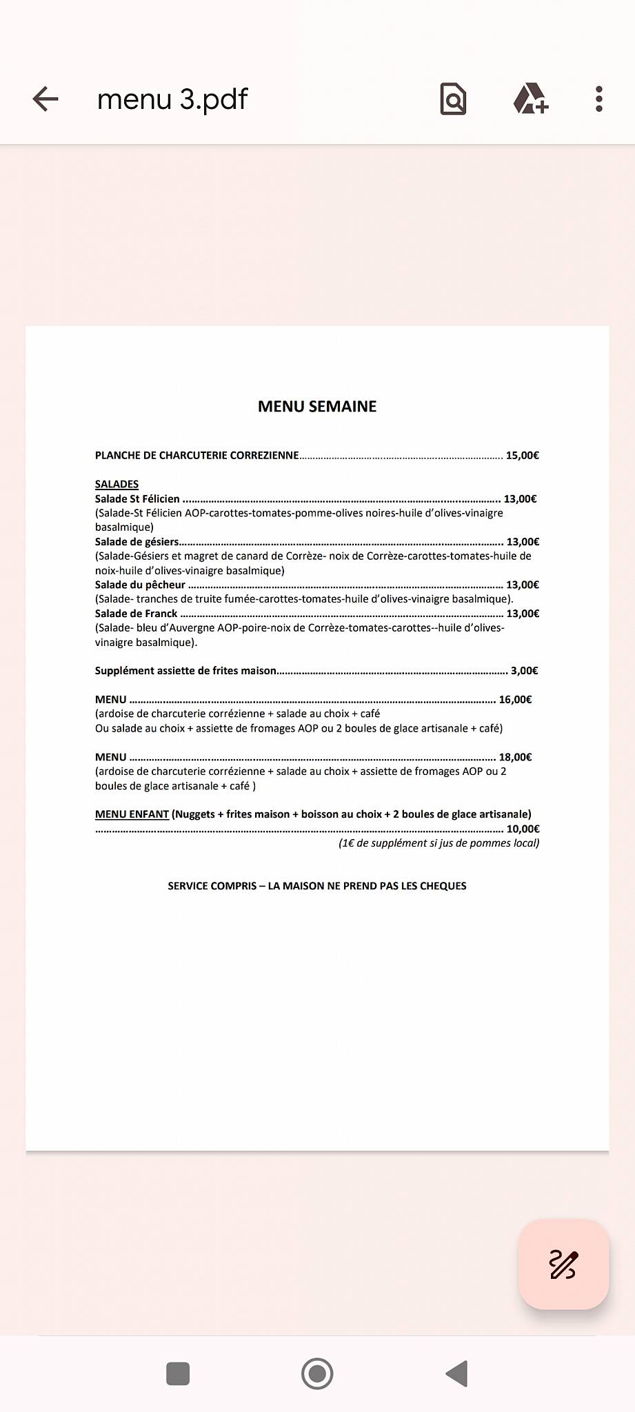 Menu au Le Repère restaurant, Lamazière-Basse