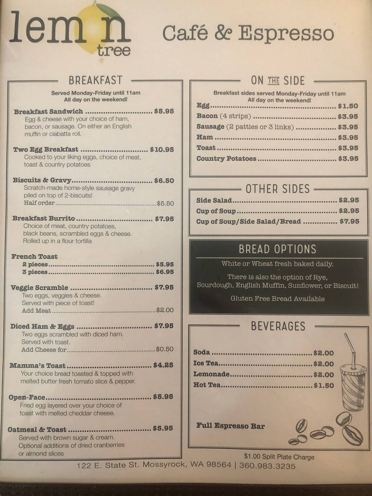 Menu at Lemon Tree Cafe & Espresso, Mossyrock