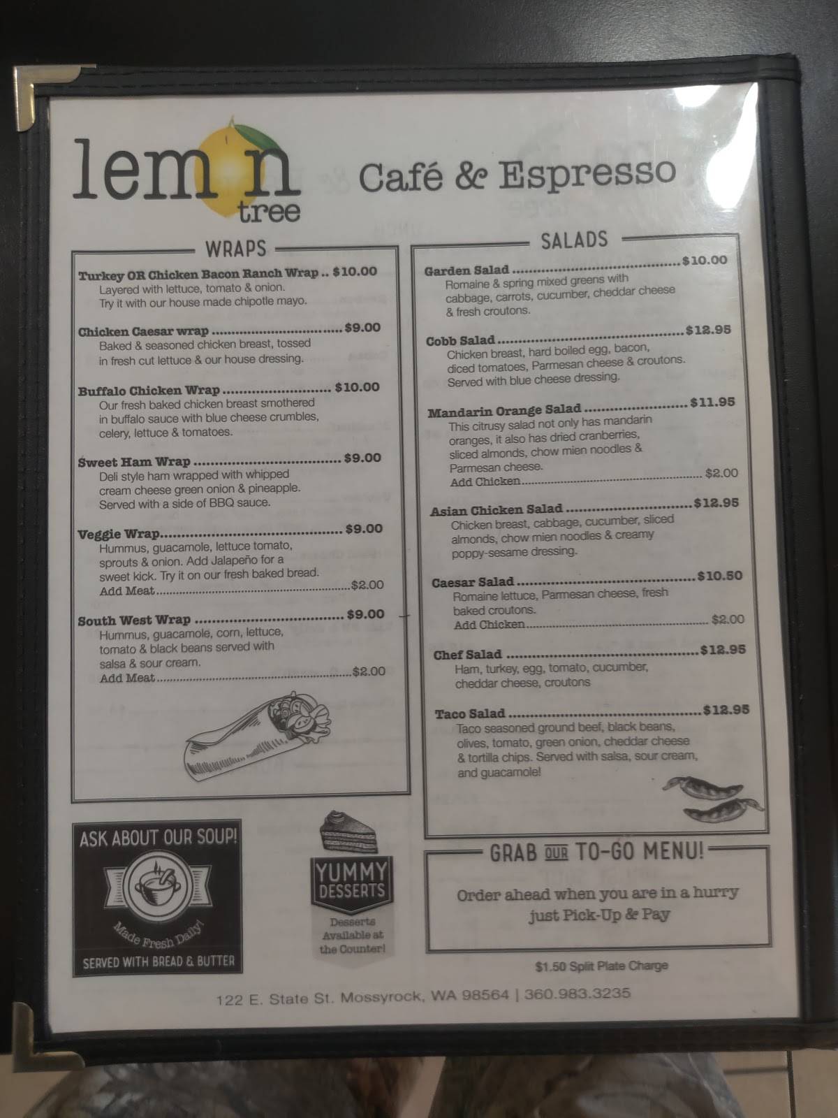 Menu at Lemon Tree Cafe & Espresso, Mossyrock