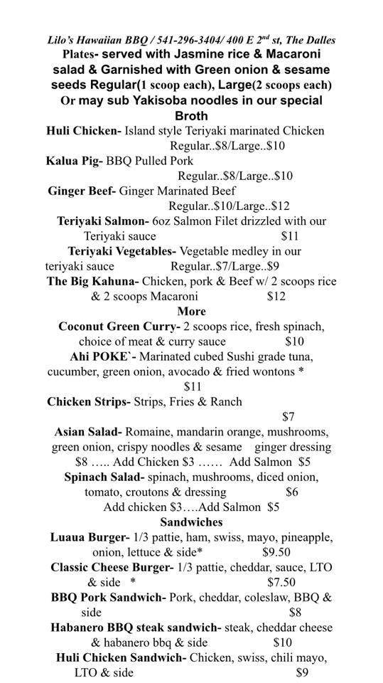 Menu at Lilo's Hawaiian BBQ The Dalles, The Dalles, 400 E 2nd St