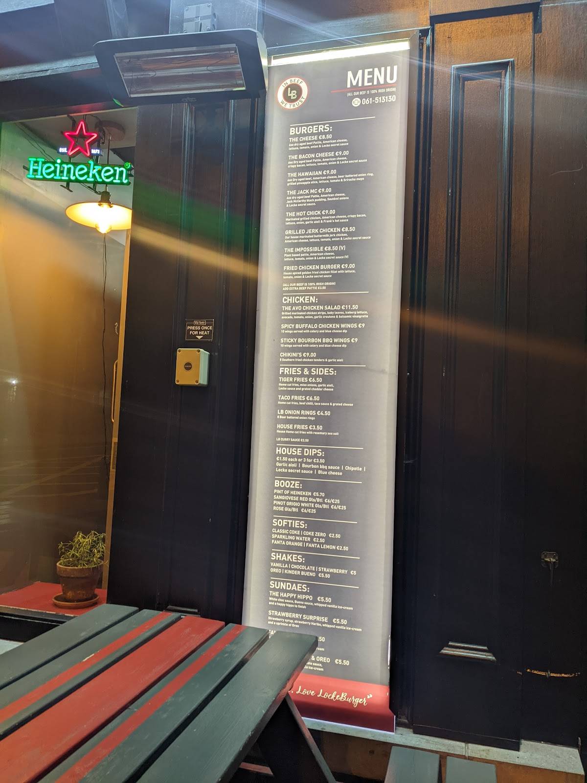 Menu at Locke Burger City Centre restaurant, Limerick