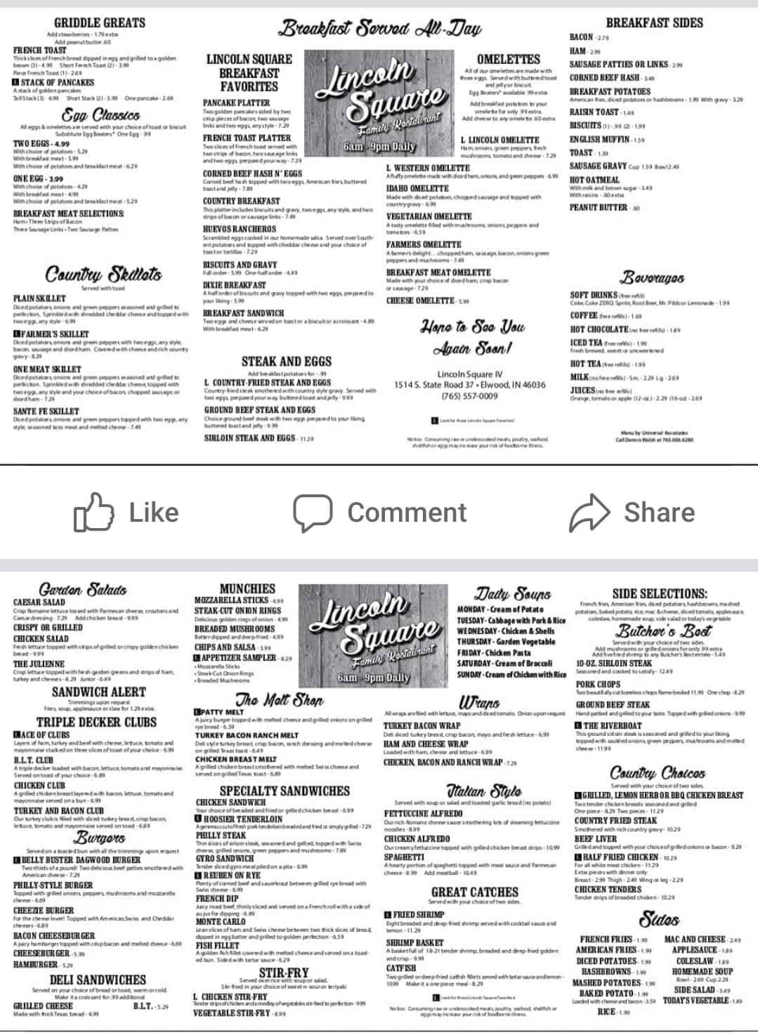 Menu at Lincoln Square Family Restaurant, Elwood