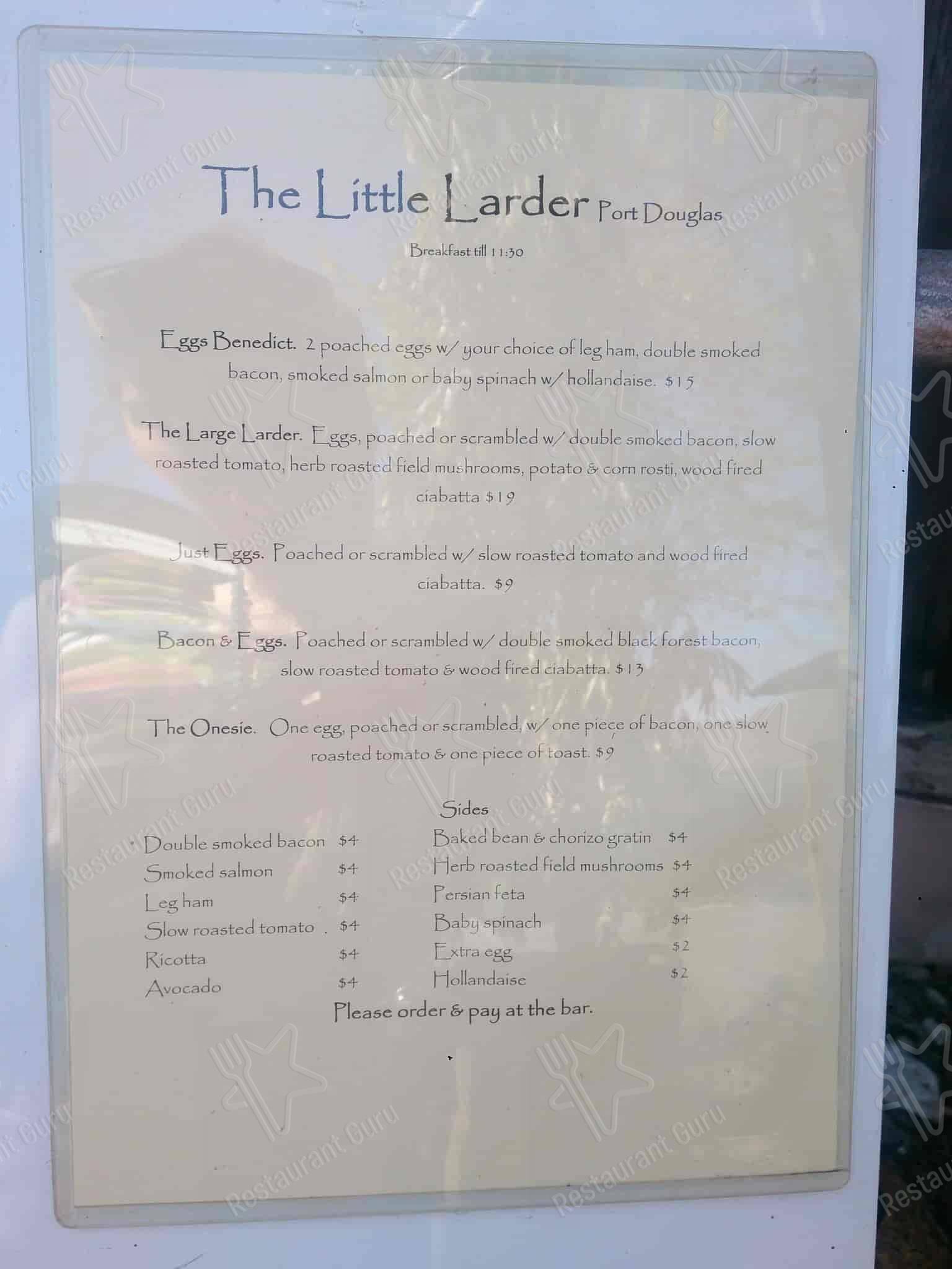 Menu at The Little Larder cafe, Port Douglas