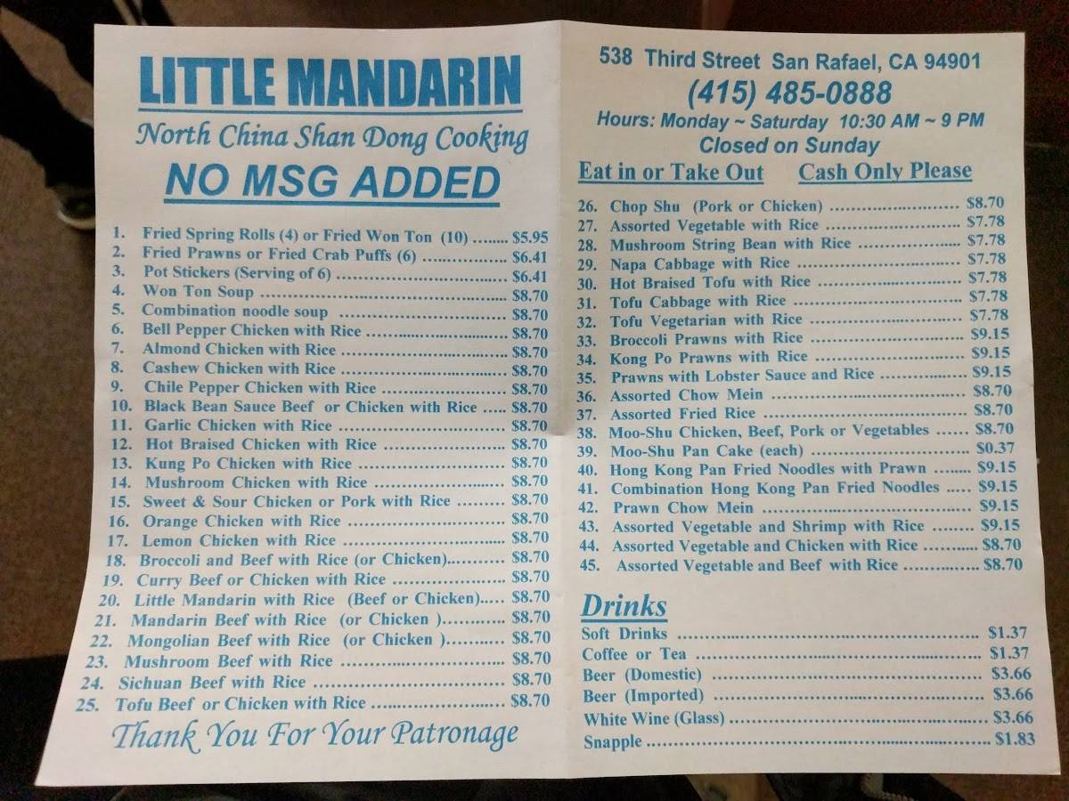 Menu at Little Mandarin restaurant, San Rafael