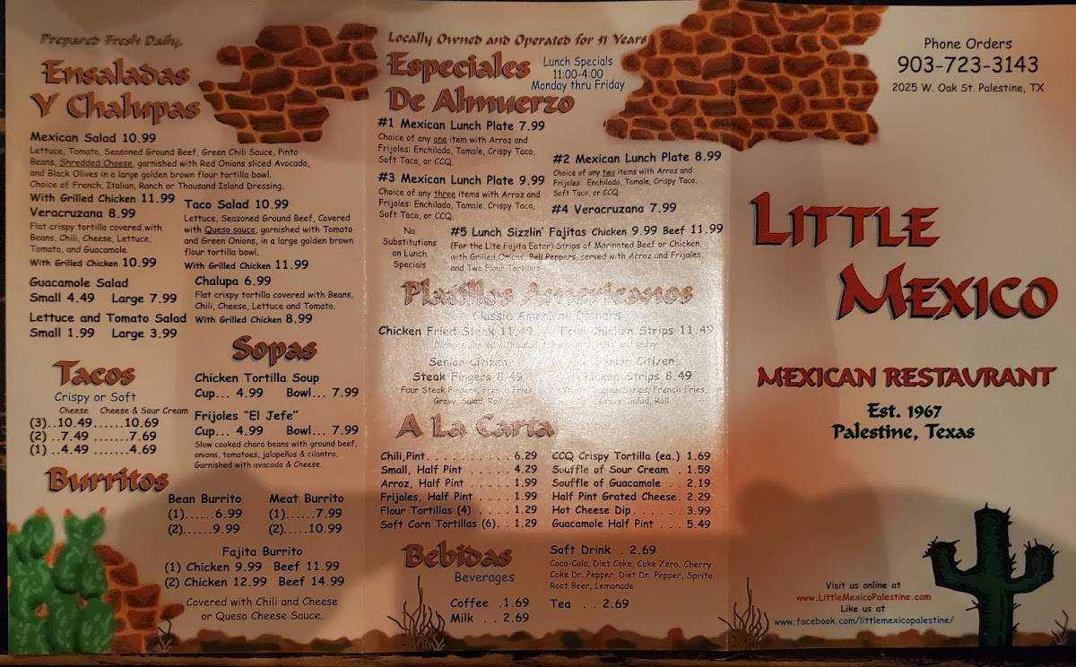 Menu at Little Mexico restaurant, Palestine, W Oak St