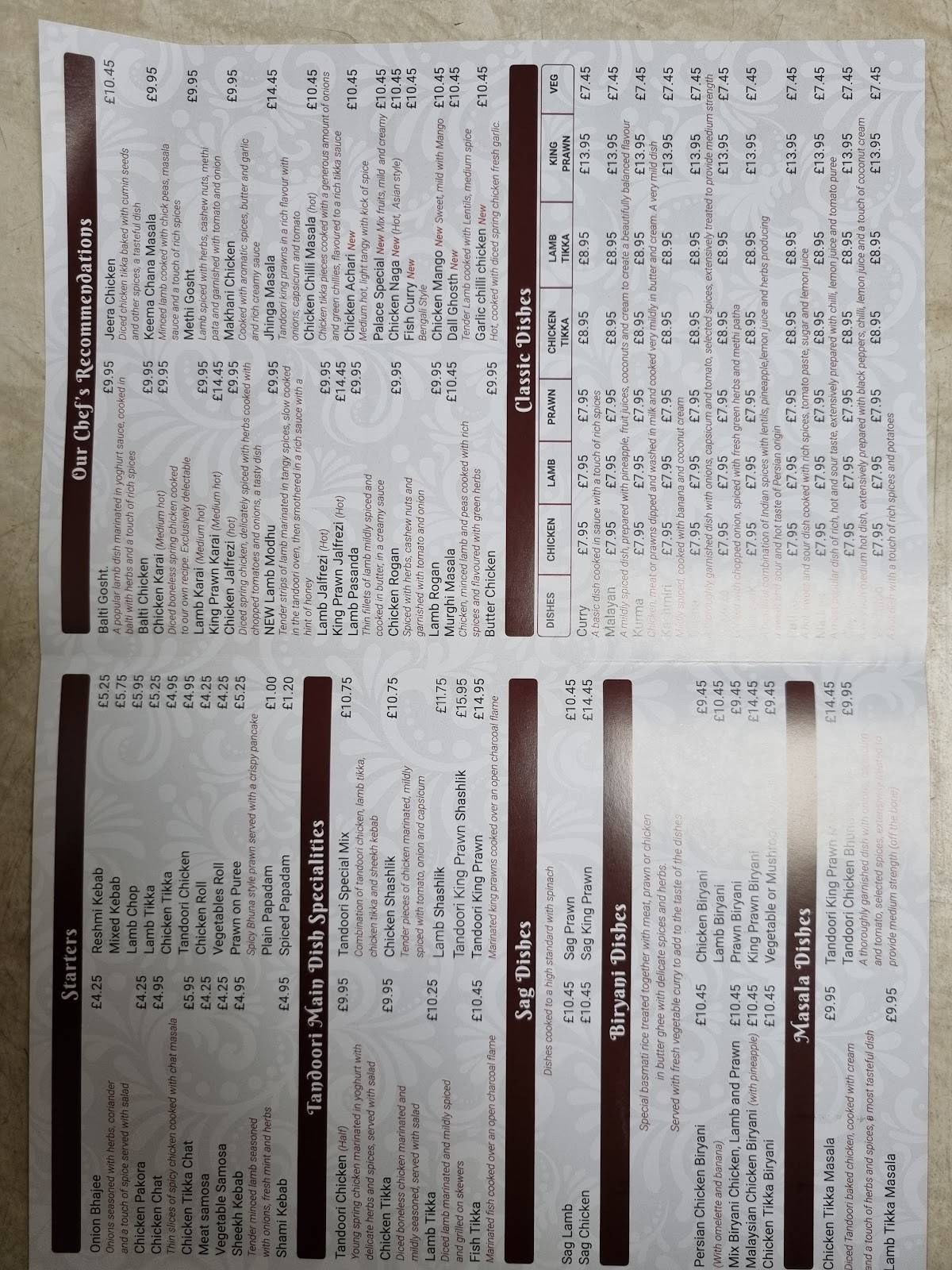 Menu at The Palace restaurant, Llansantffraid-ym-Mechain, Waterloo Terrace