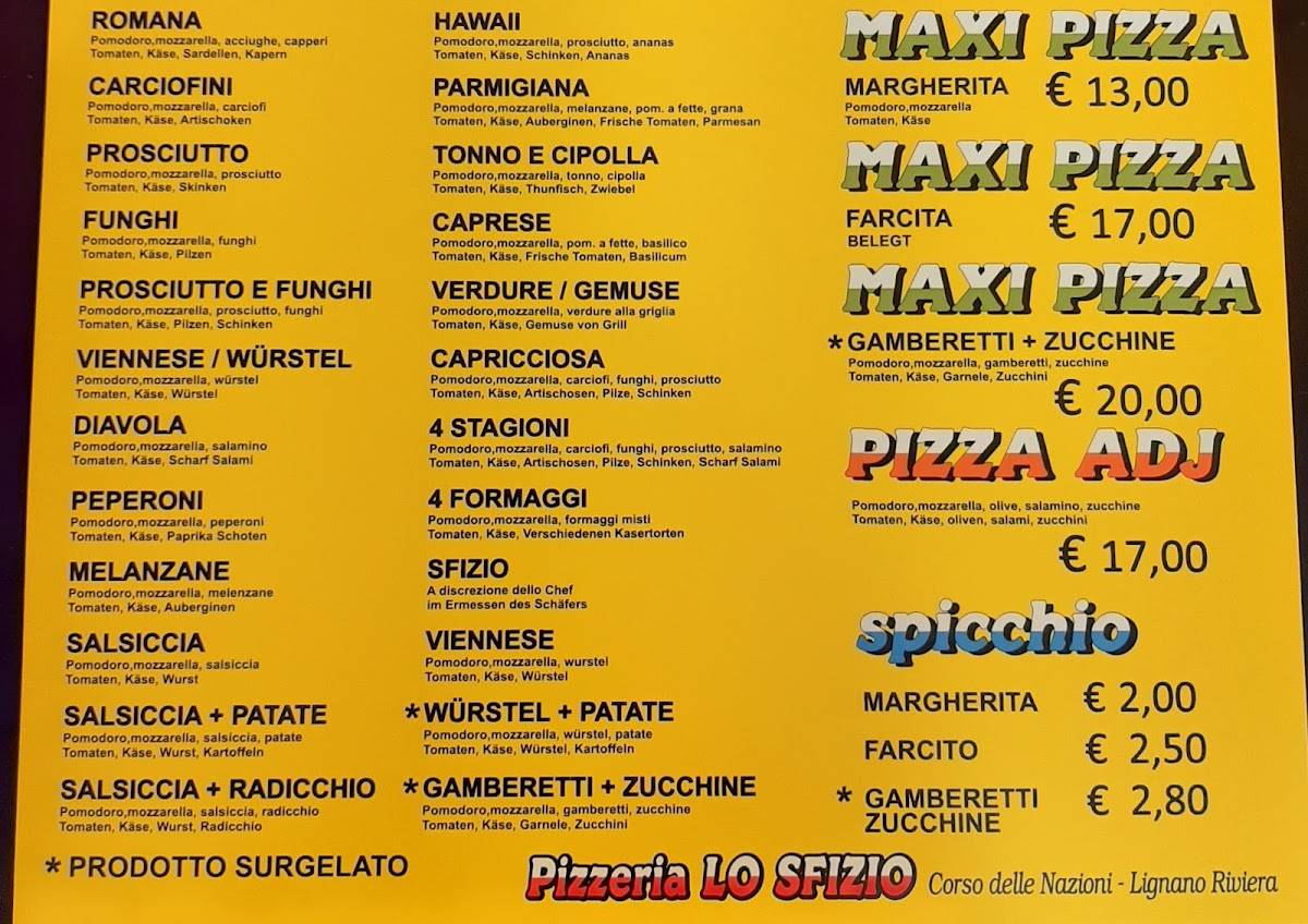 Carta de pizzería Lo Sfizio, Lignano Sabbiadoro, Corso delle Nazioni