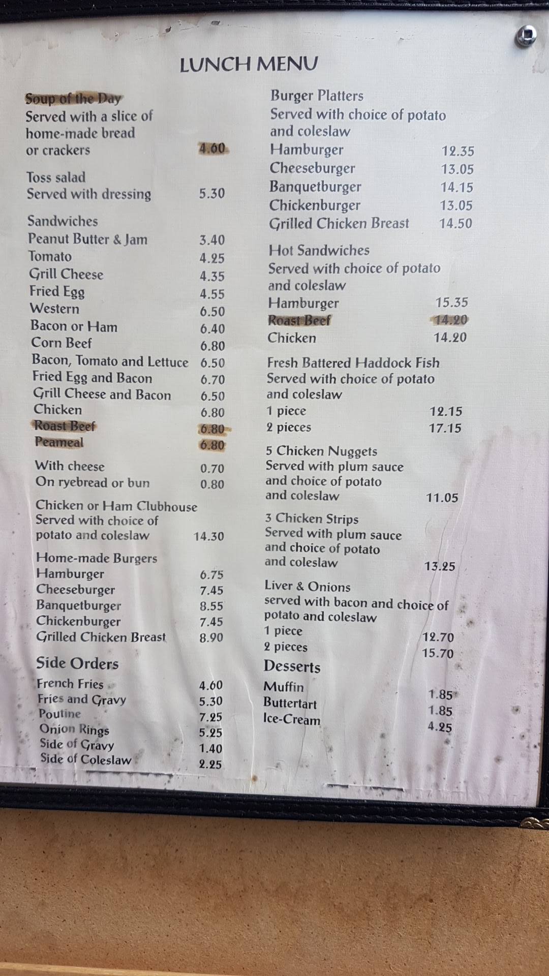 Menu at Log Cabin Restaurant, Washago