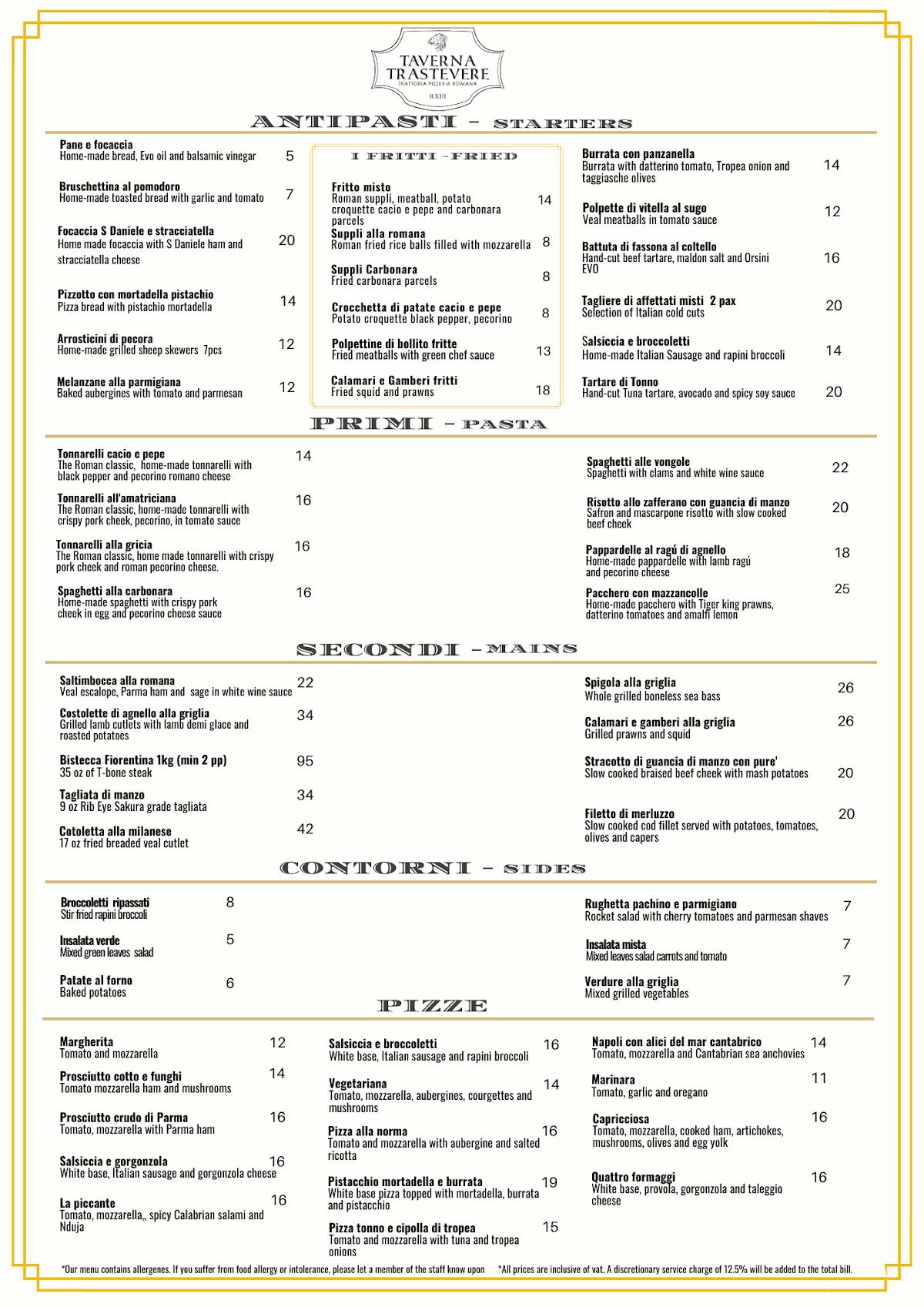 Menu at Taverna Trastevere restaurant, London
