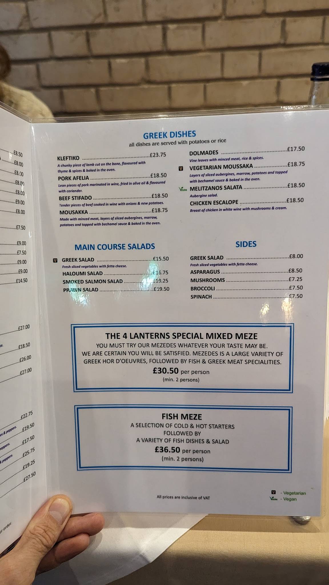 Menu at The Four Lanterns restaurant, London