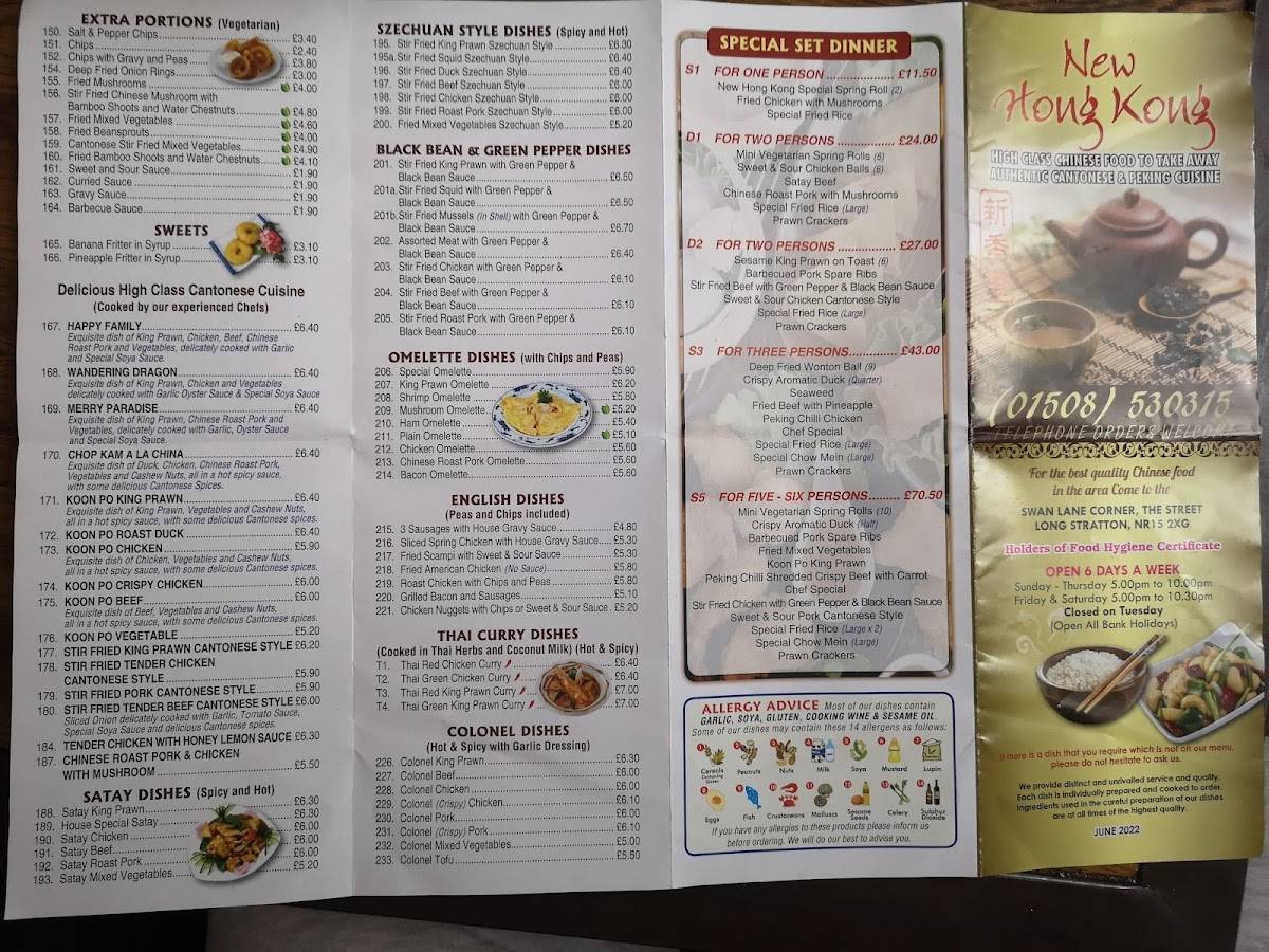 Menu at New Hong Kong restaurant, Long Stratton