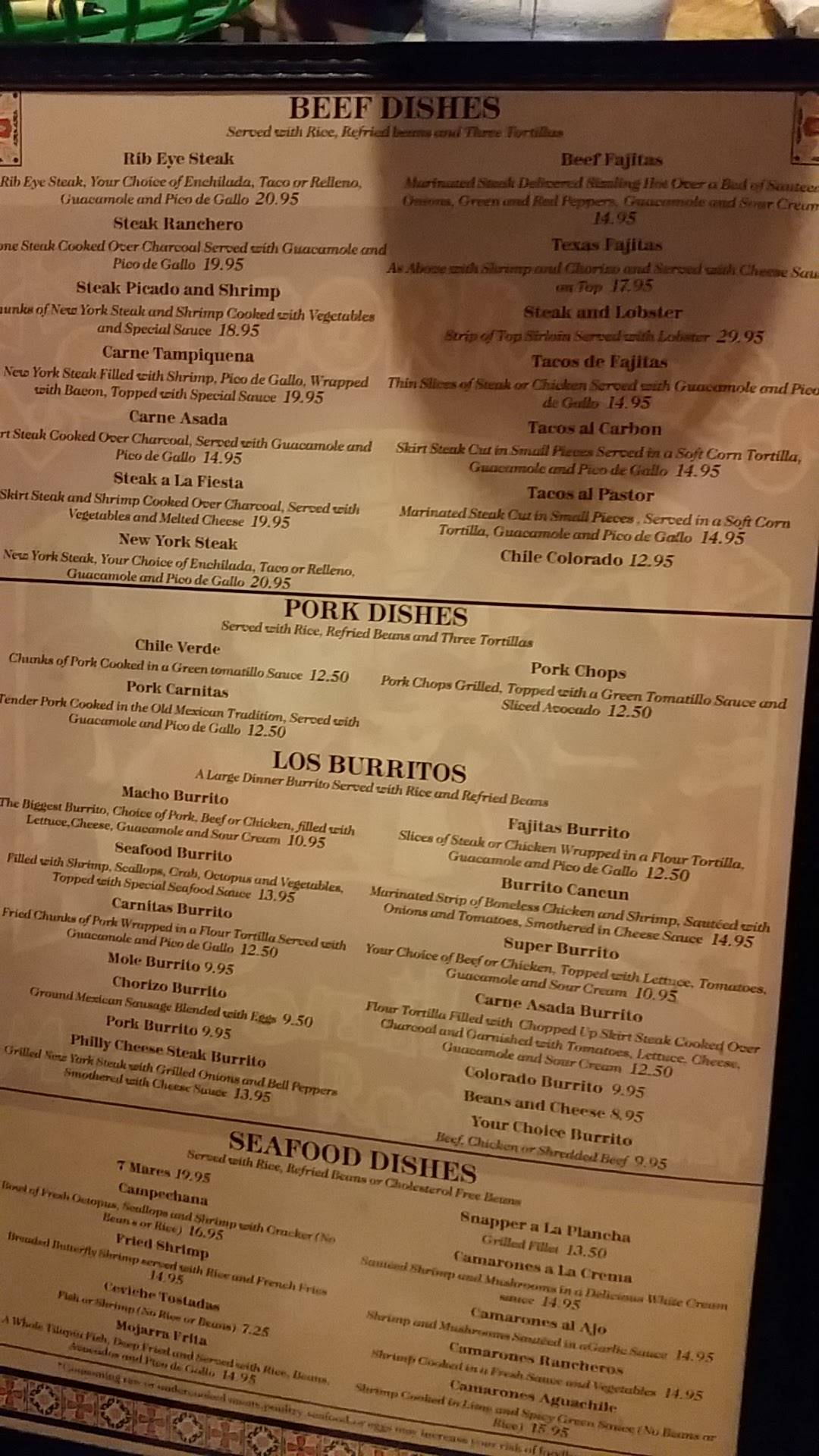 Menu at Los Corrales restaurant, Pinetop-Lakeside