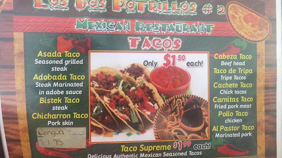 Menu at Los Dos Potrillos Mexican Restaurant, Bunnell