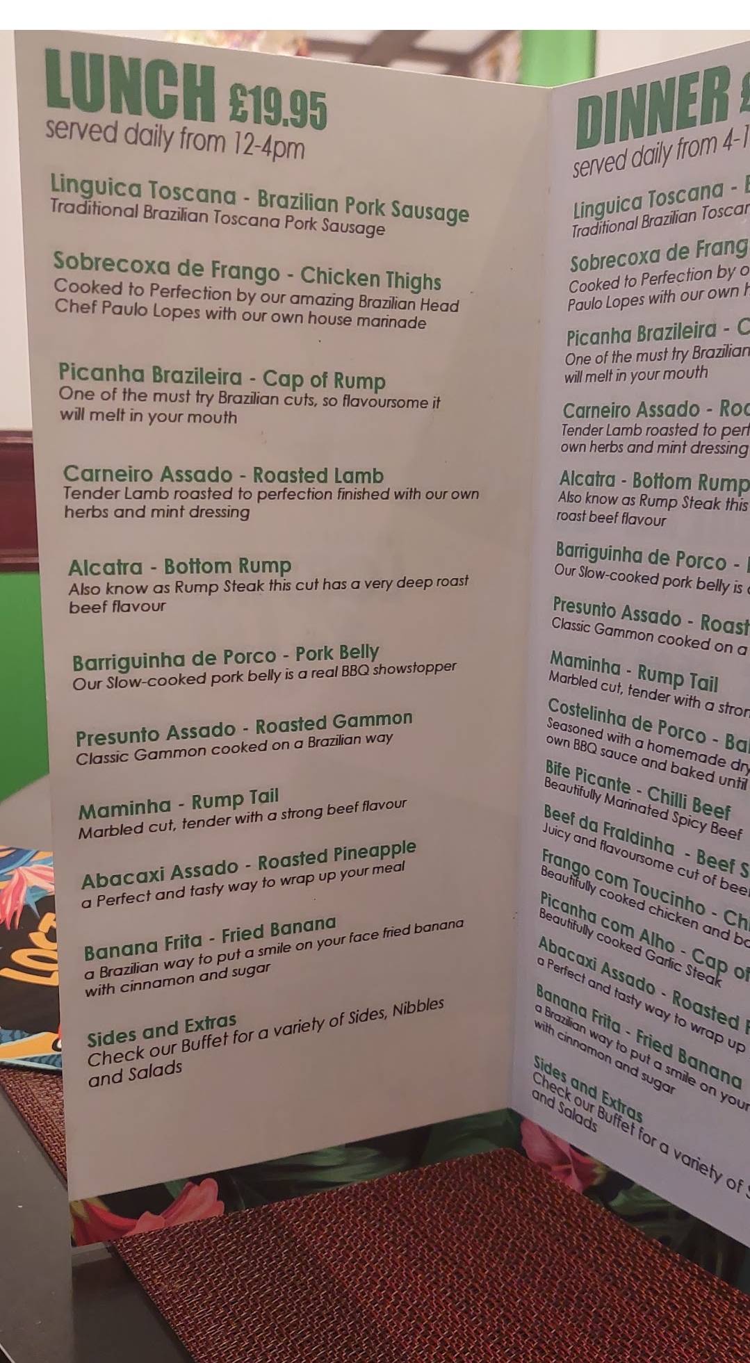 Menu at Lost in Rio restaurant, Plymouth