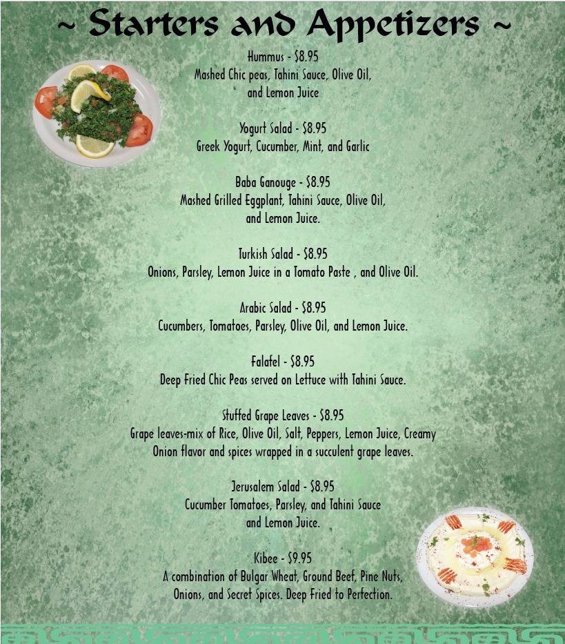 Menu at Mirage Mediterranean restaurant, Louisville