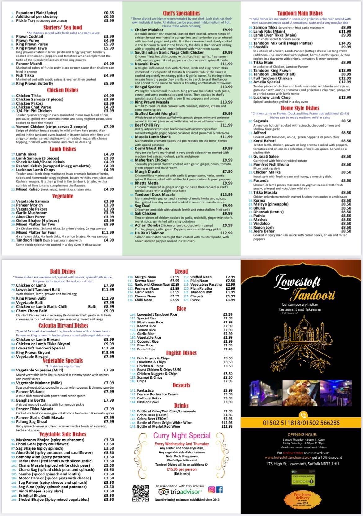 Menu at Lowestoft Tandoori restaurant, Lowestoft, 176 High St