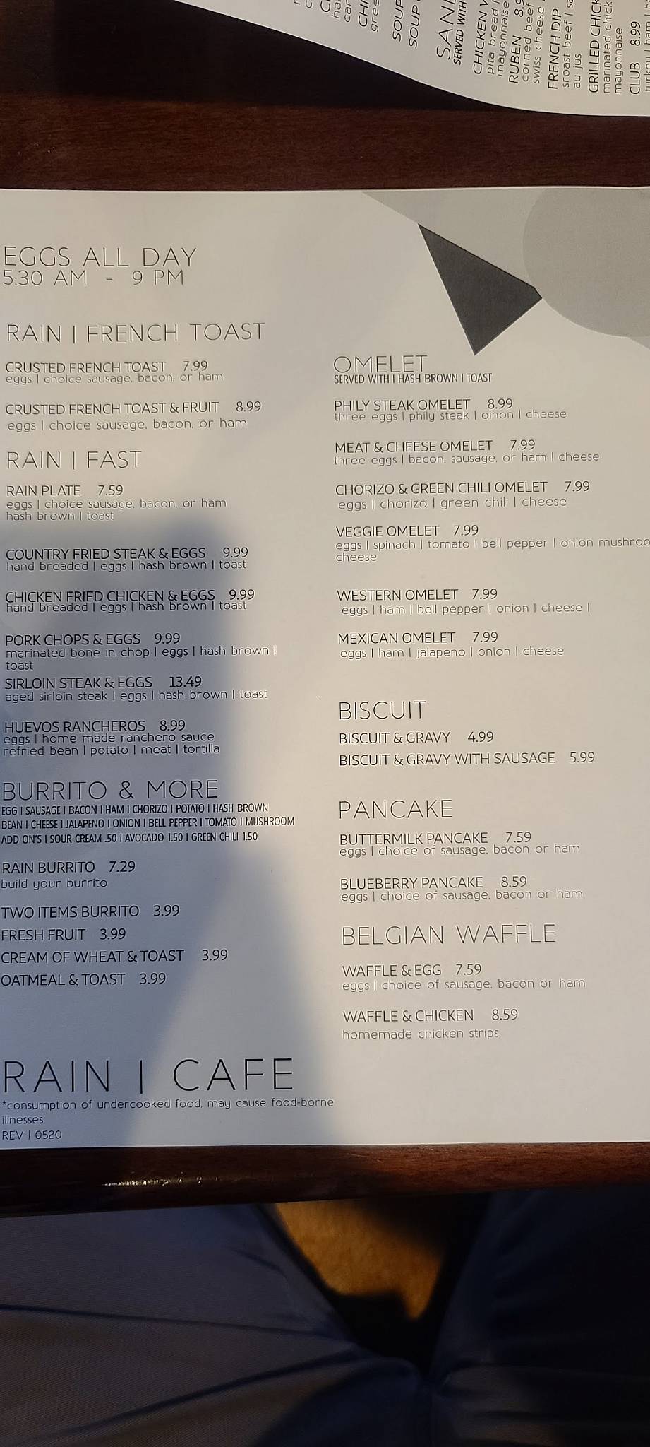 Menu at Rain Cafe, Lubbock, 50th St