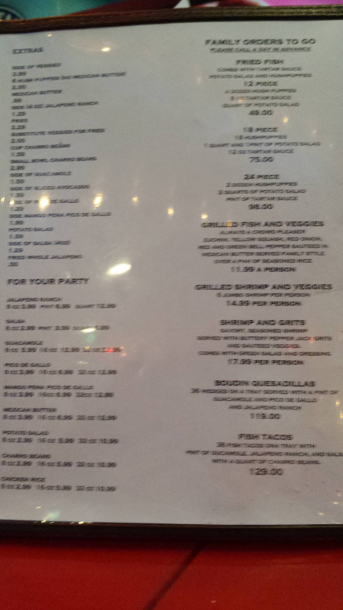 Menu at Tia Juanita's Fish Camp restaurant, Lumberton