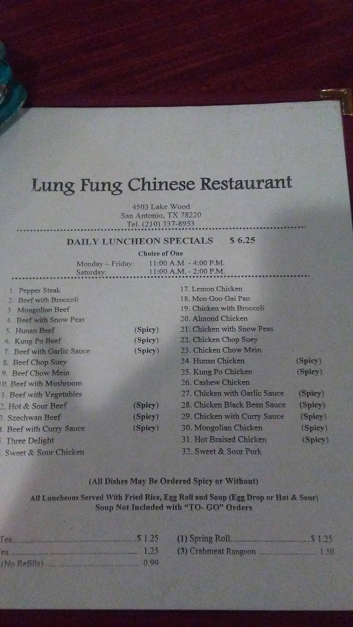 Menu at Lung Fung Chinese Restaurant 2, San Antonio, Lakewood Dr