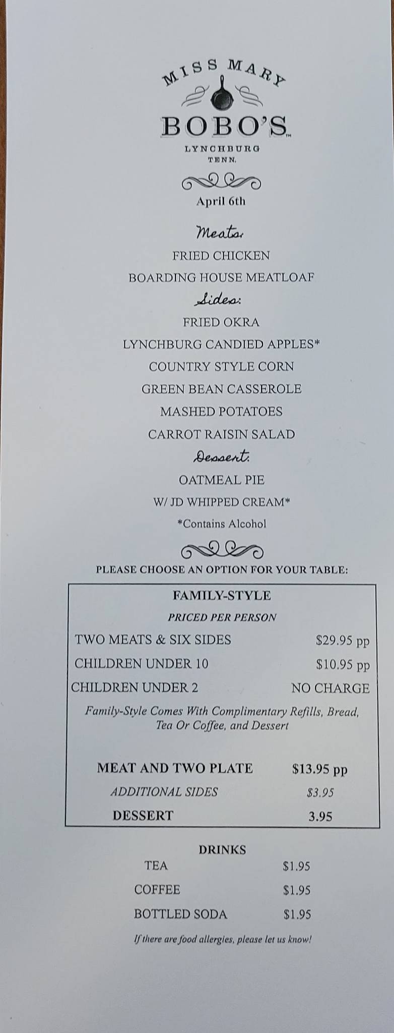 Menu at Miss Mary Bobo's Restaurant, Lynchburg