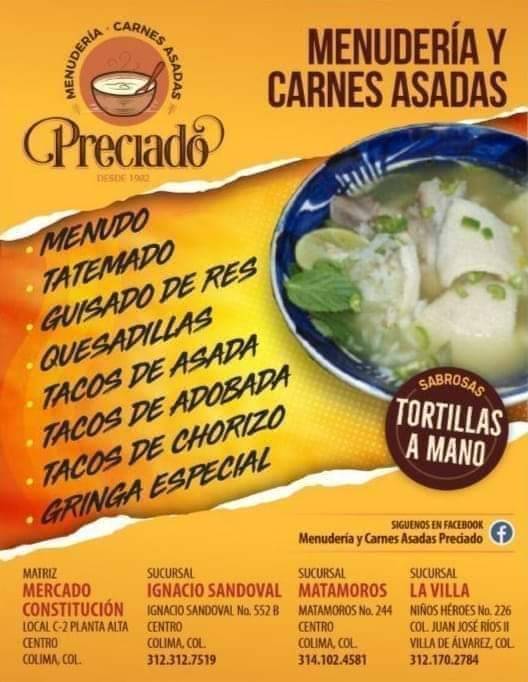 Menu at MENUDERIA Y CARNES ASADAS PRECIADO SUC. VILLA DE ÁLVAREZ ...