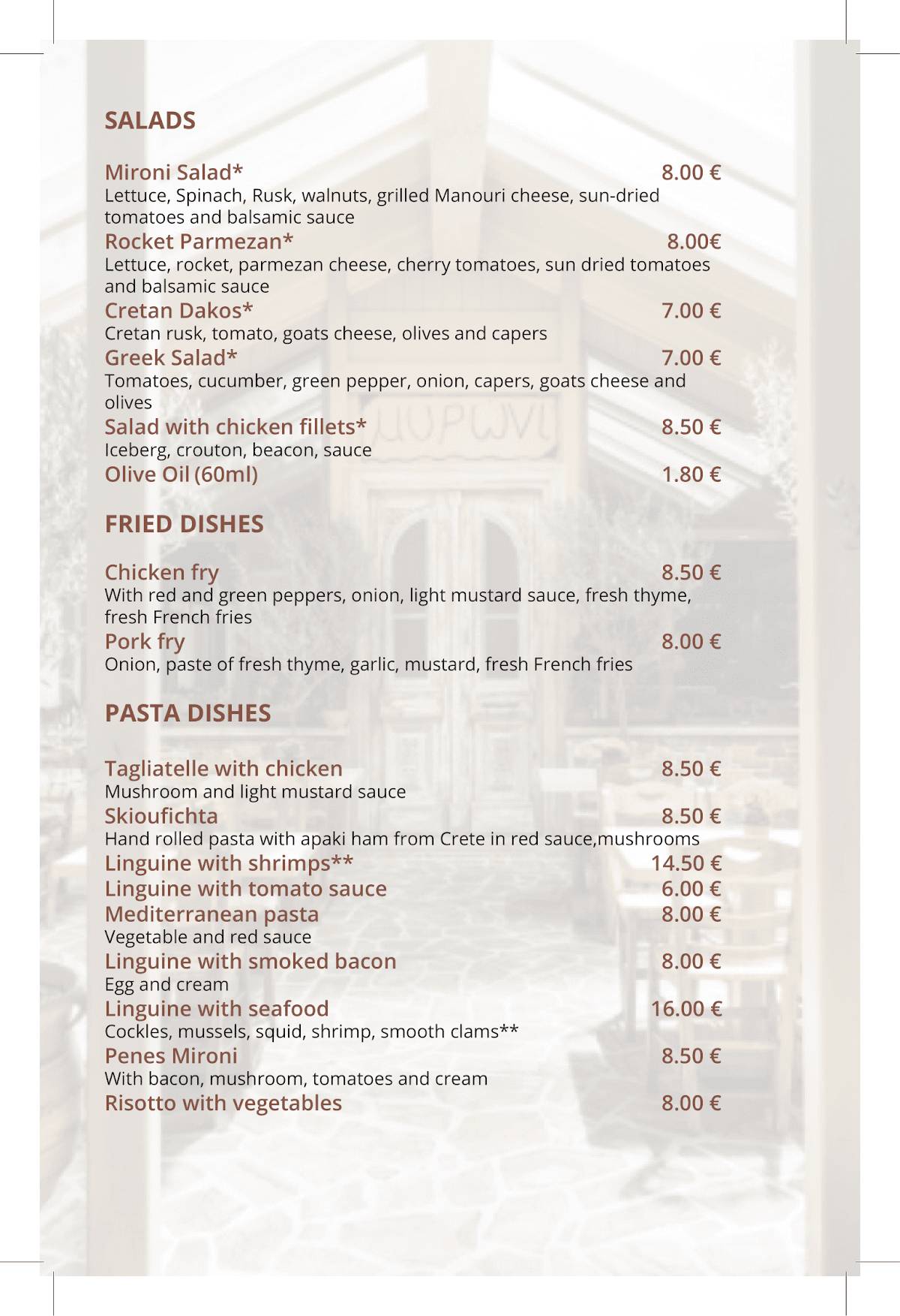 Menu at MIRONI Greek Restaurant, Athens