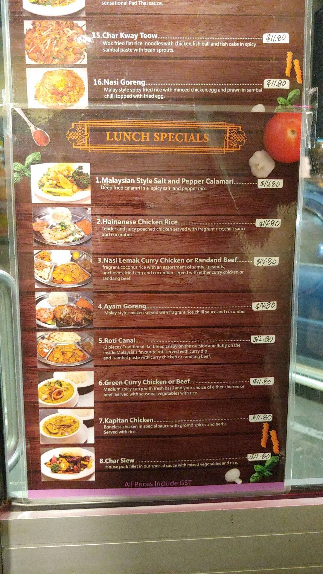 Menu at Malaysia House restaurant, Mackay