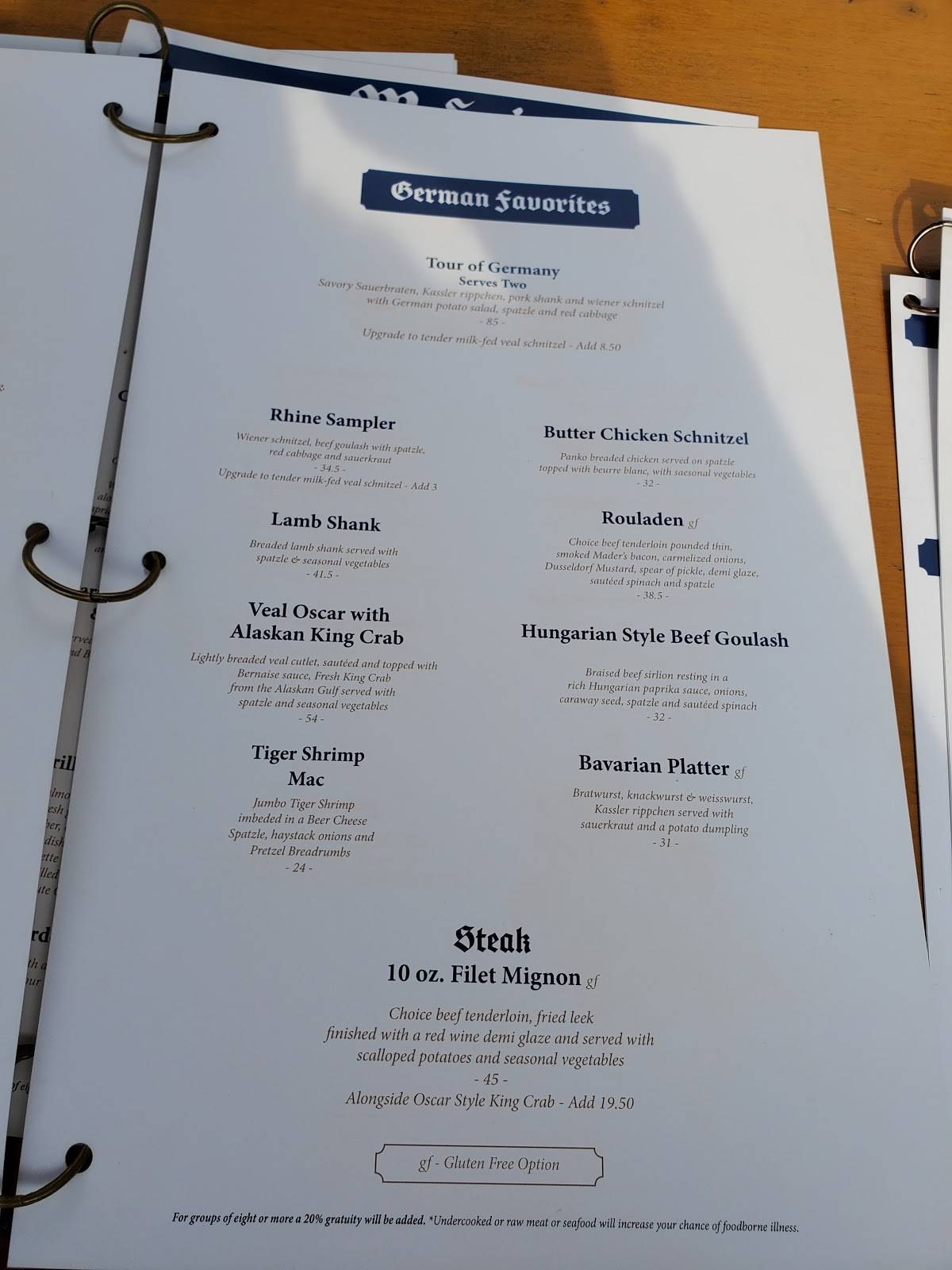 Menu at Mader's Restaurant, Milwaukee