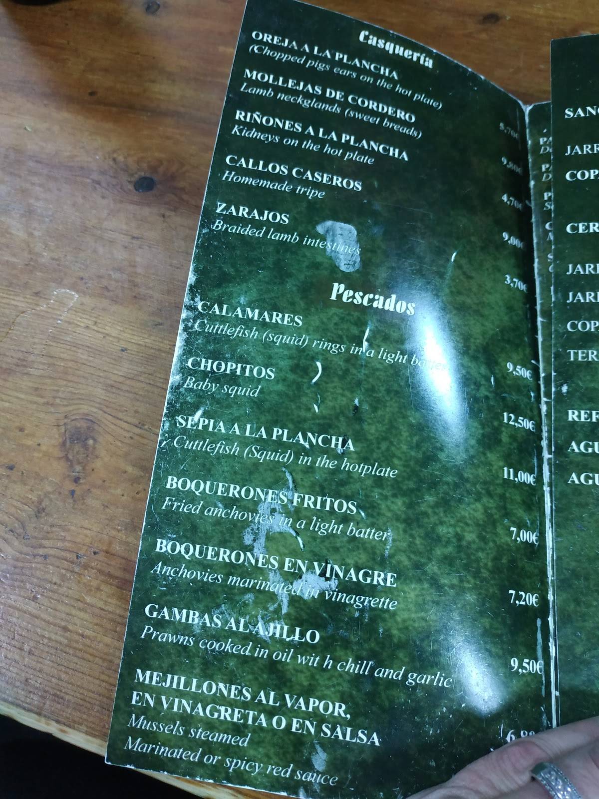 Menu at Casa Toni pub & bar, Madrid