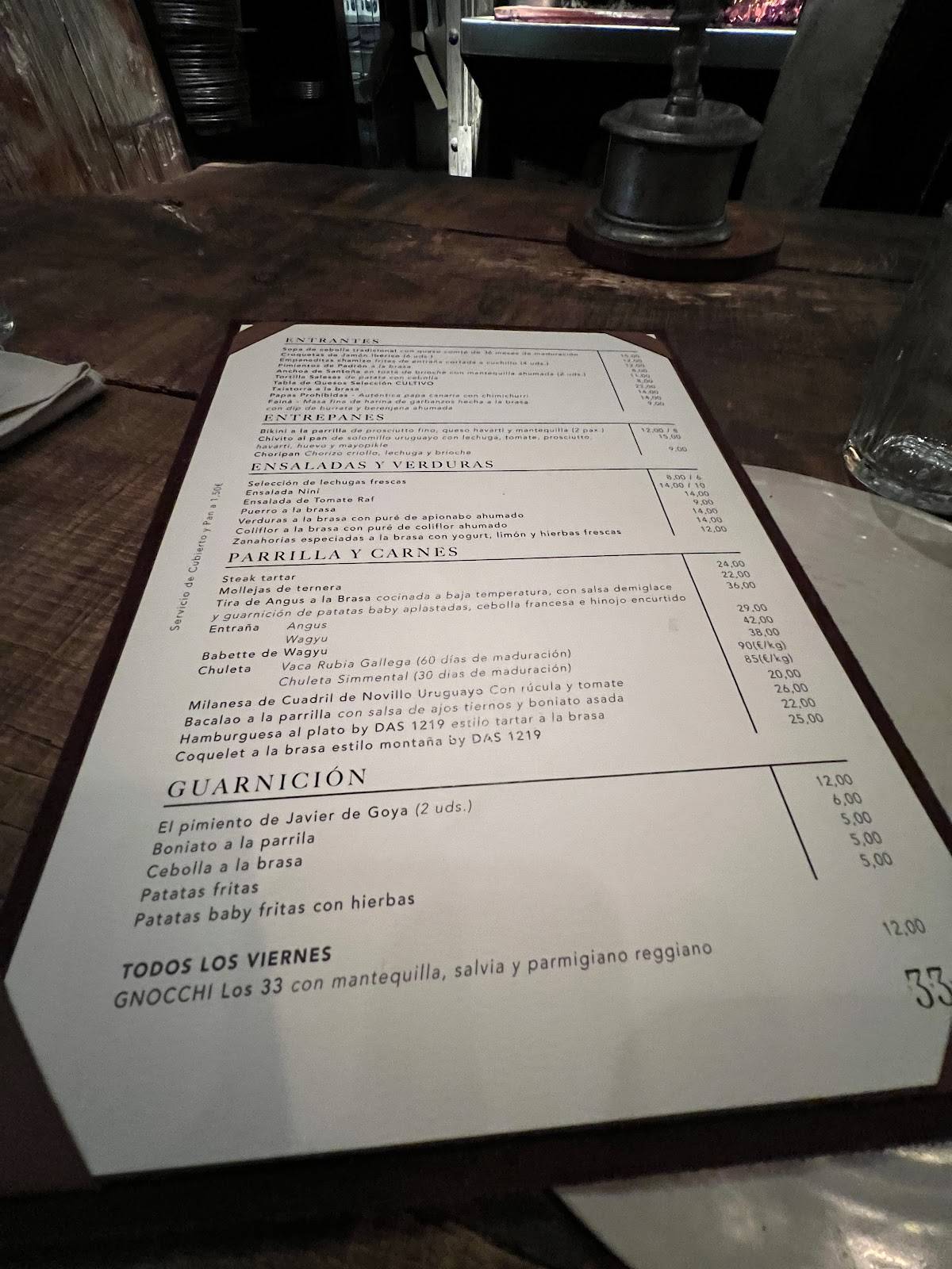 Carta de Los 33 Restaurante, Madrid