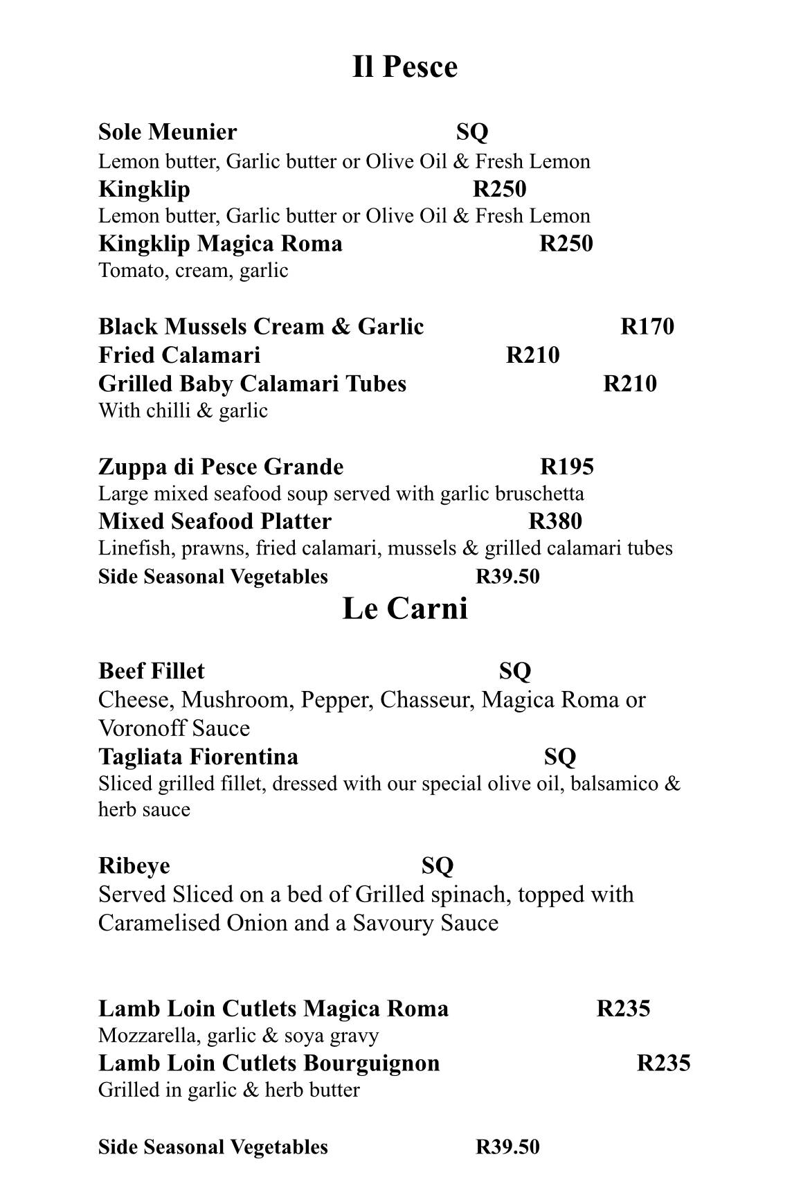 Menu at Magica Roma restaurant, Cape Town