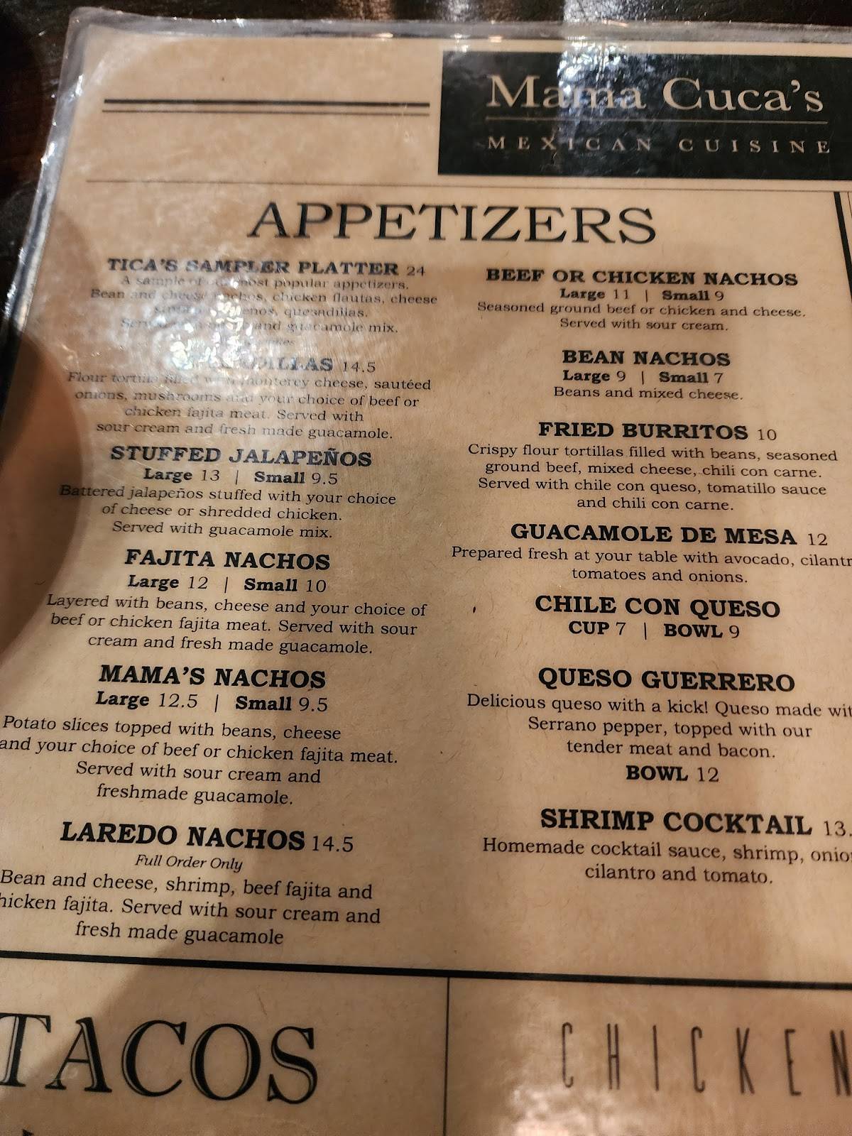 Menu at Mama Cuca's Mexican Cuisine restaurant, Mansfield