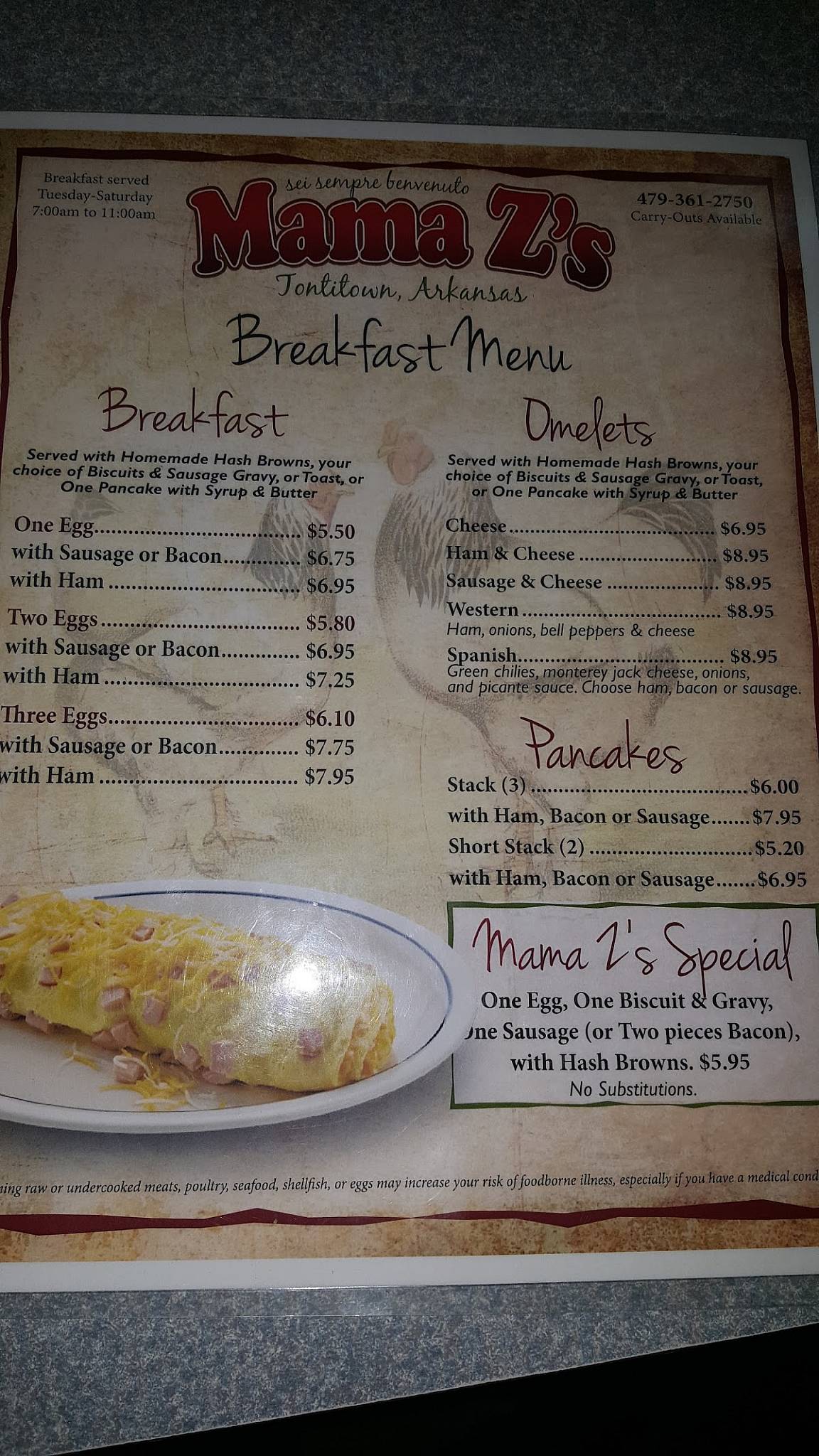 Menu at Mama Z's Cafe, Tontitown