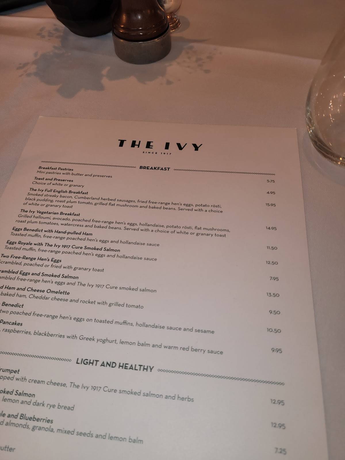 Menu at The Ivy Spinningfields Manchester restaurant, Manchester