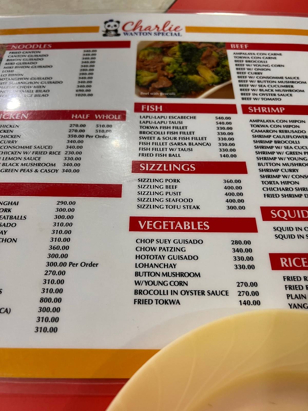 Menu at Charlie Wanton Special restaurant, Mandaluyong