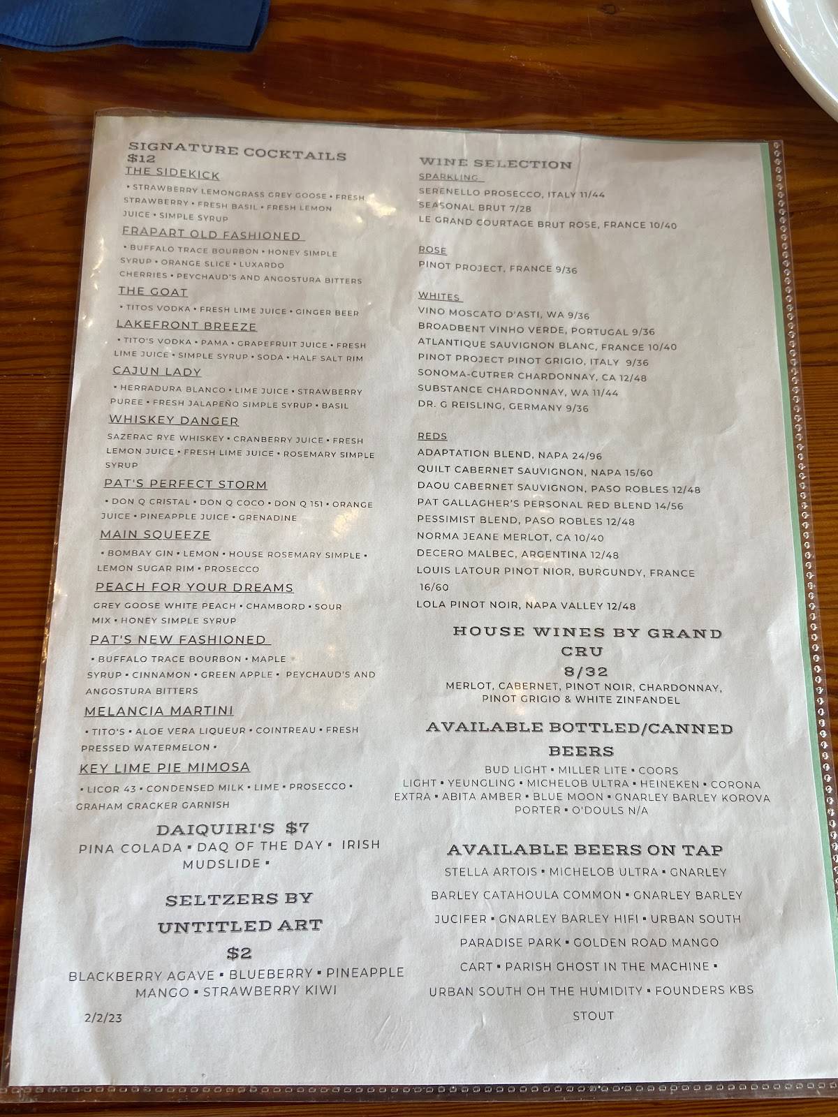 Menu at Pat's Rest Awhile pub & bar, Mandeville