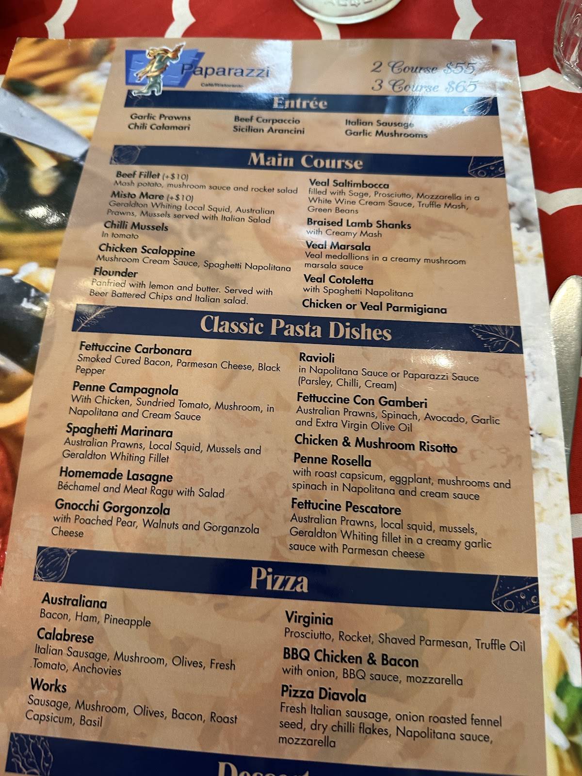 Menu at Paparazzi Cafe, Mandurah