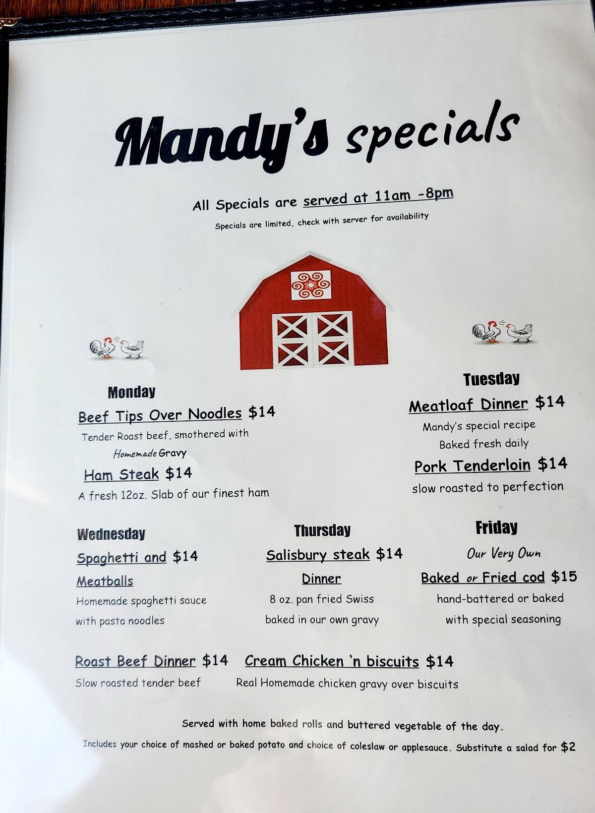 Menu at Mandy’s Dutch Treat restaurant, Spartansburg