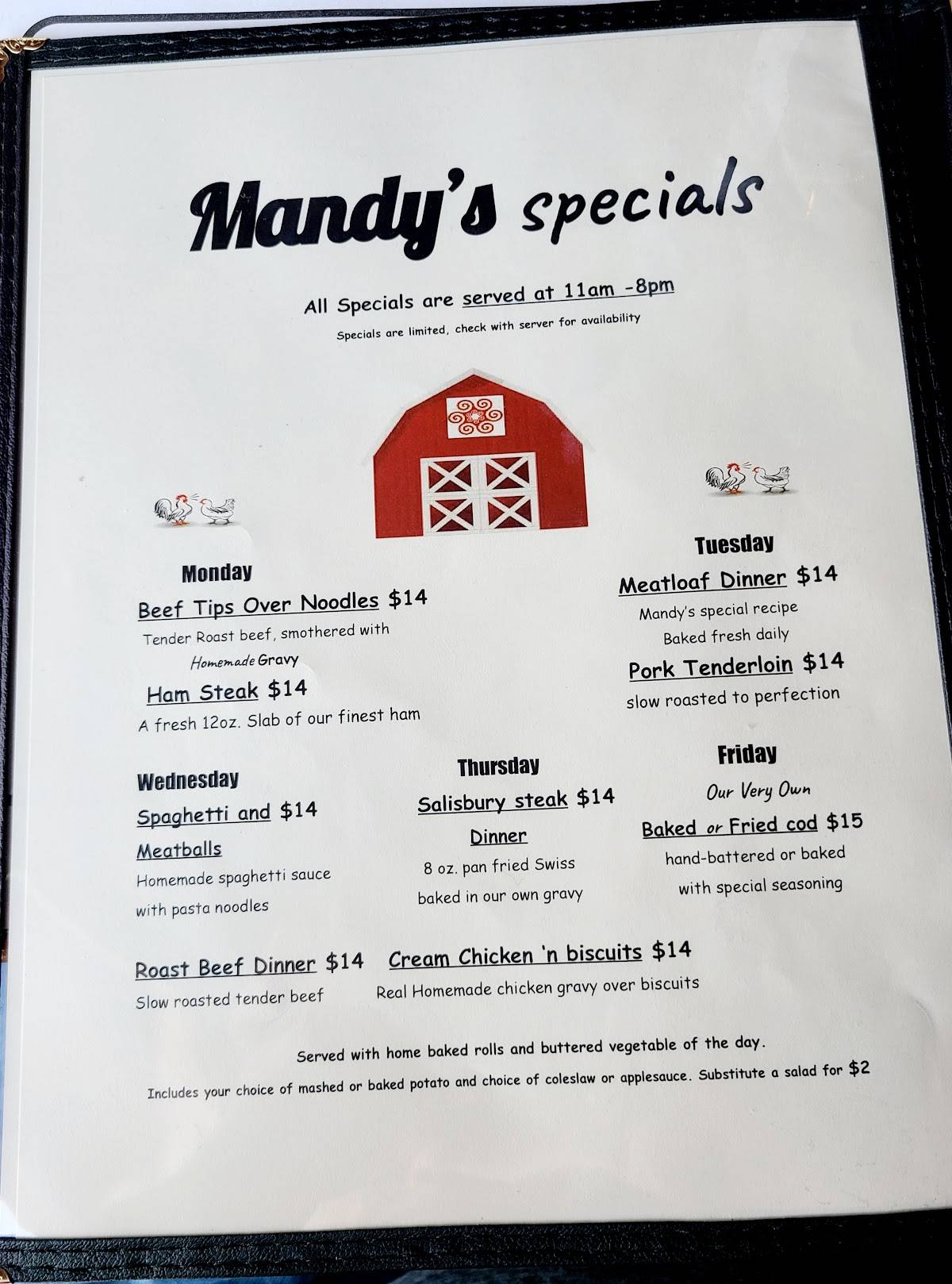 Menu at Mandy’s Dutch Treat restaurant, Spartansburg