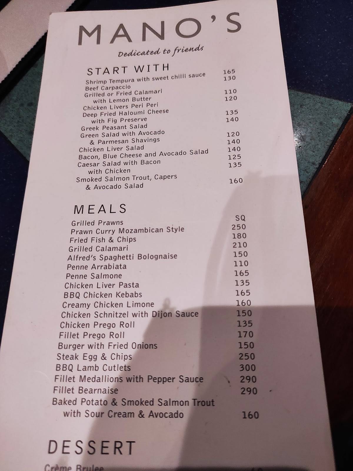 Menu at Mano's restaurant, Cape Town