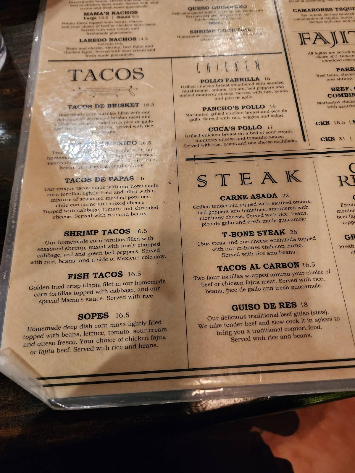 Menu at Mama Cuca's Mexican Cuisine restaurant, Mansfield