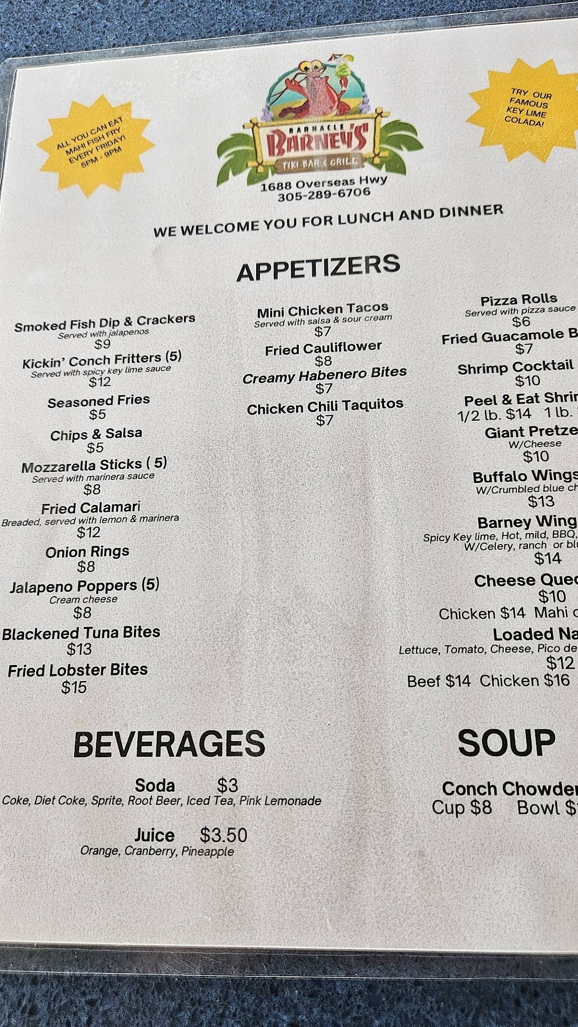 Menu at Barnacle Barney's Tiki Bar and Grill, Marathon