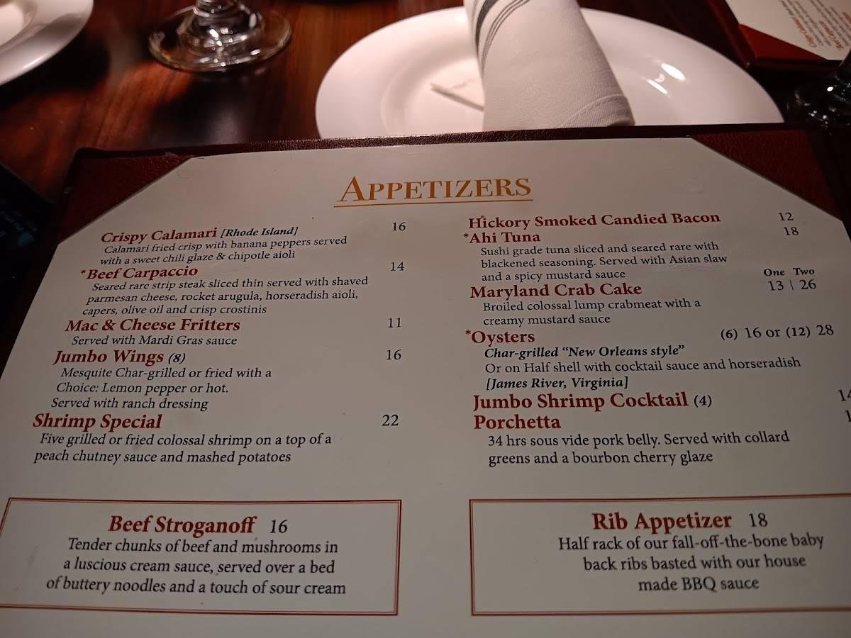 Menu at Cherokee Chophouse steakhouse, Marietta