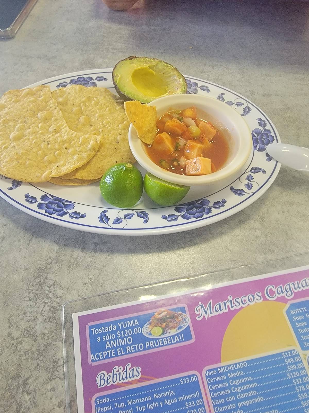Menu at Mariscos El Caguamón restaurant, Mexicali