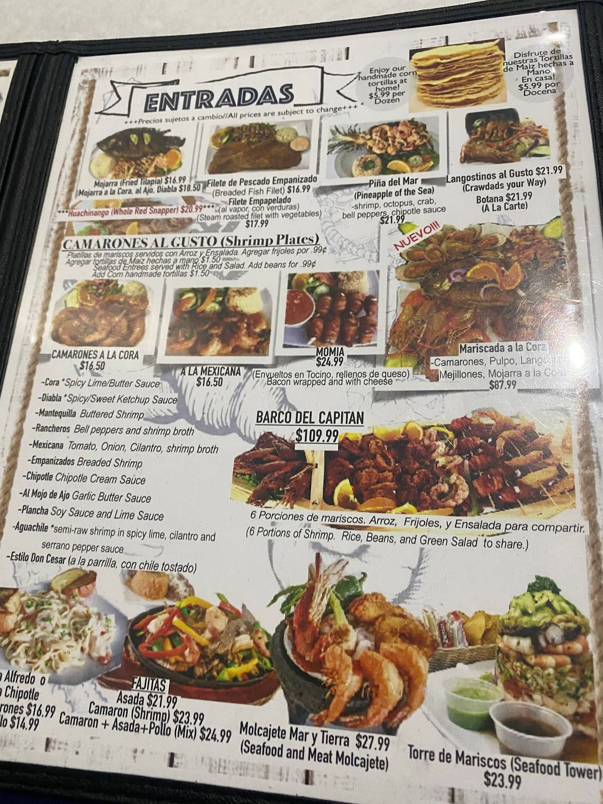 Menu at Mariscos El Capitan restaurant, Yuba City
