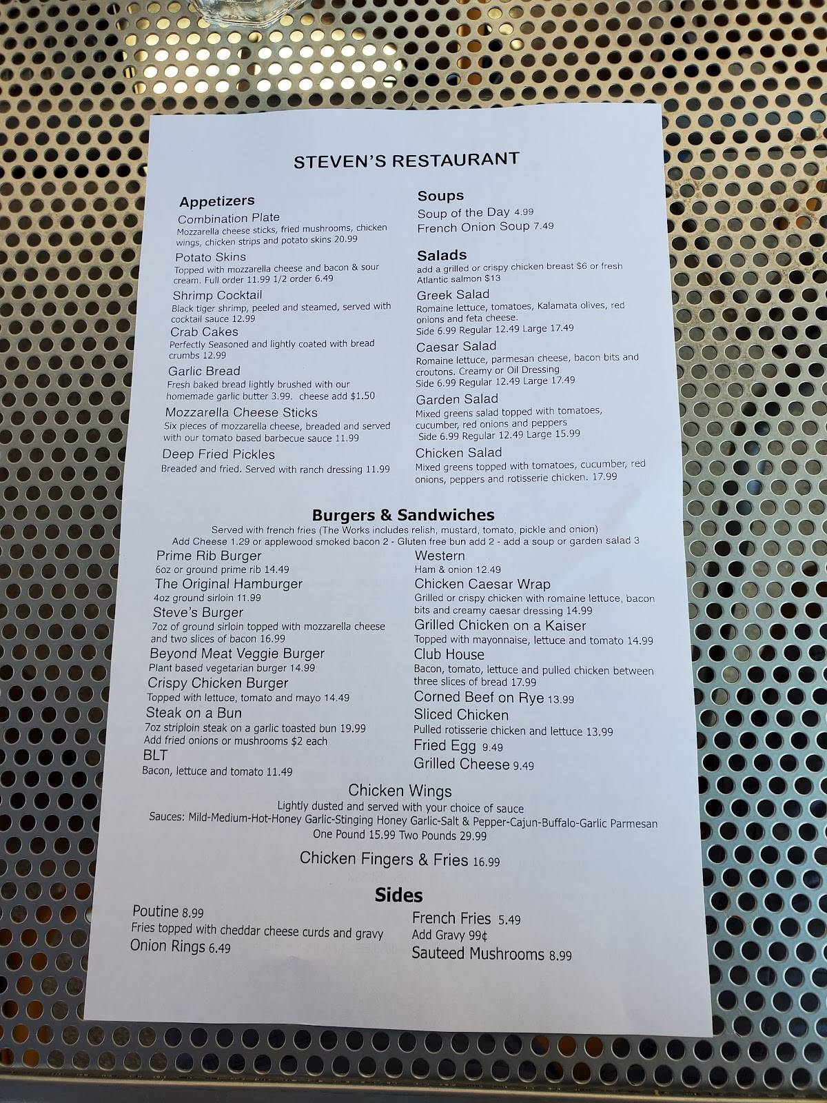 Menu at Steven's Bar-B-Q Restaurant, Markdale