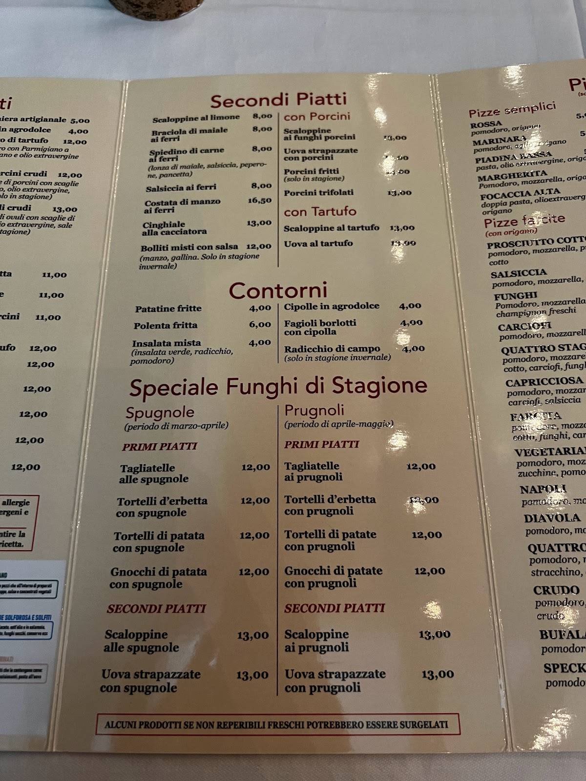 Menu da Blue River ristorante, Marzolara