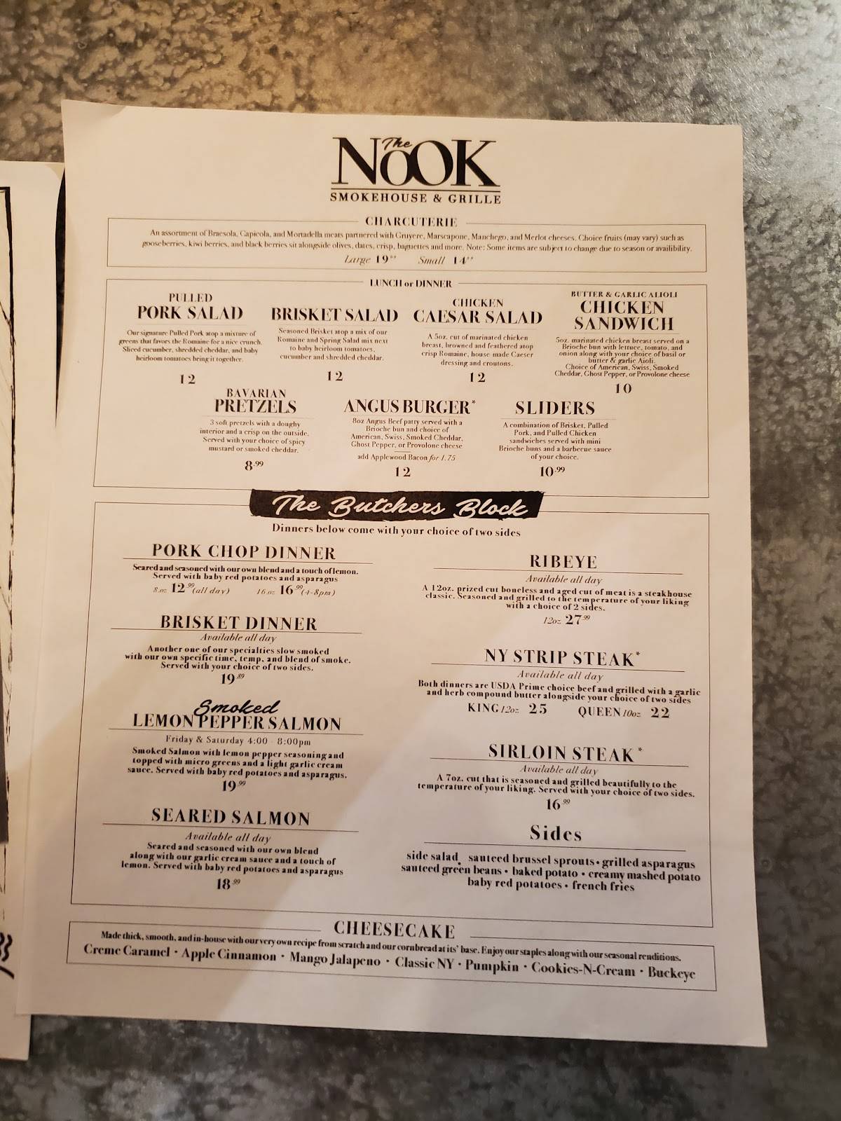 Menu at The Nook restaurant, Massillon